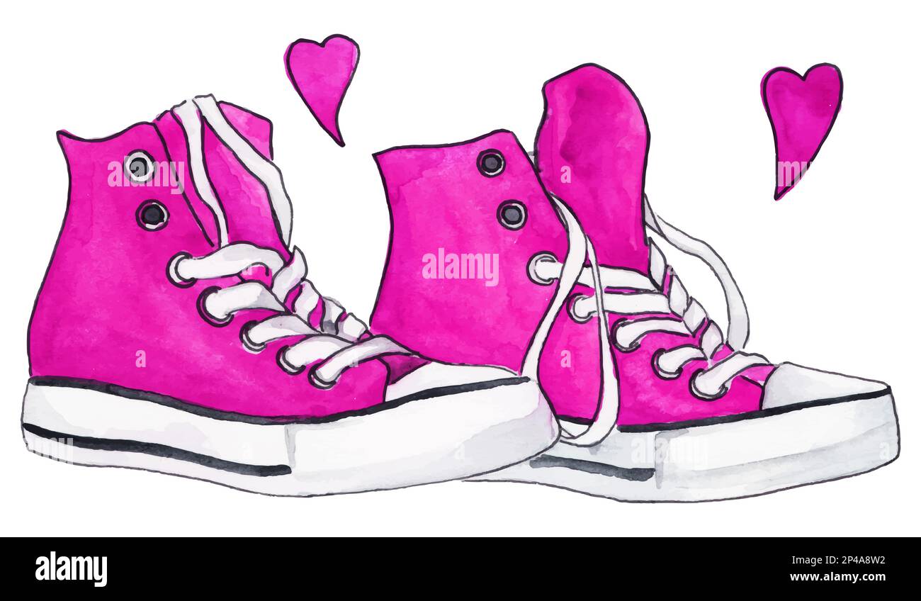 Watercolor pink crimson sneakers pair shoes hearts love isolated vector ...