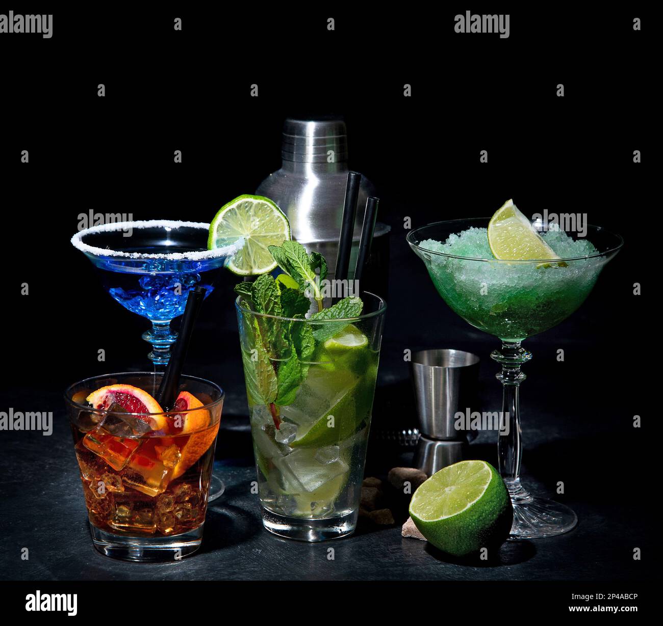 Set of various colorful cocktails on black background. Classic long ...
