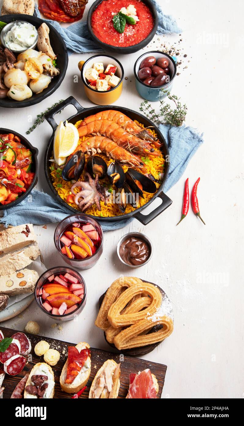 Typical spanish tapas concept. Concept include jamon, chorizo sausage ...