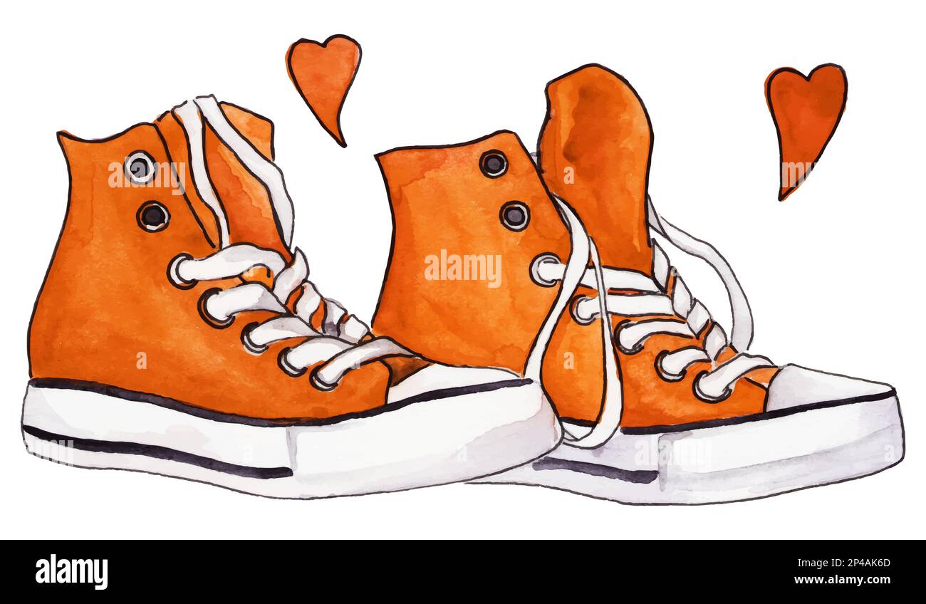 Watercolor orange sneakers pair shoes hearts love isolated vector Stock ...
