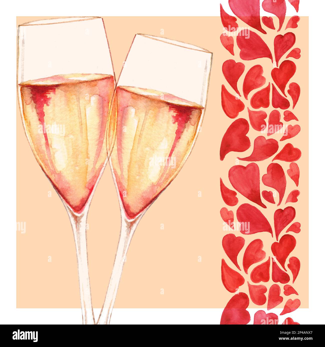 Watercolor two glasses of champagne wine alcohol heart love romantic ...