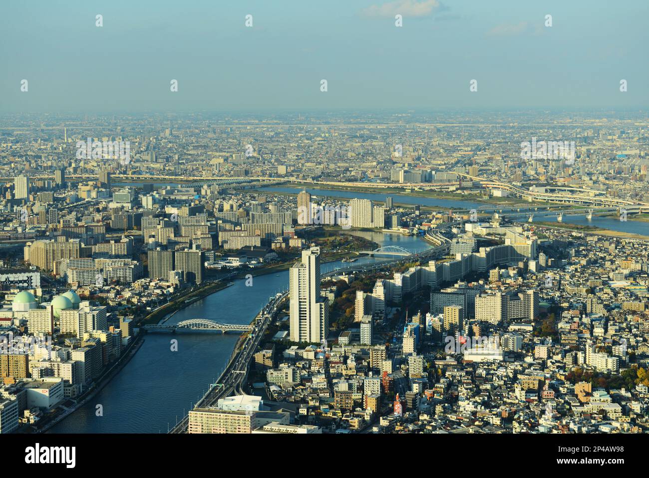 Aerial view of the Sumida river and the Arakawa river in Tokyo, Japan ...