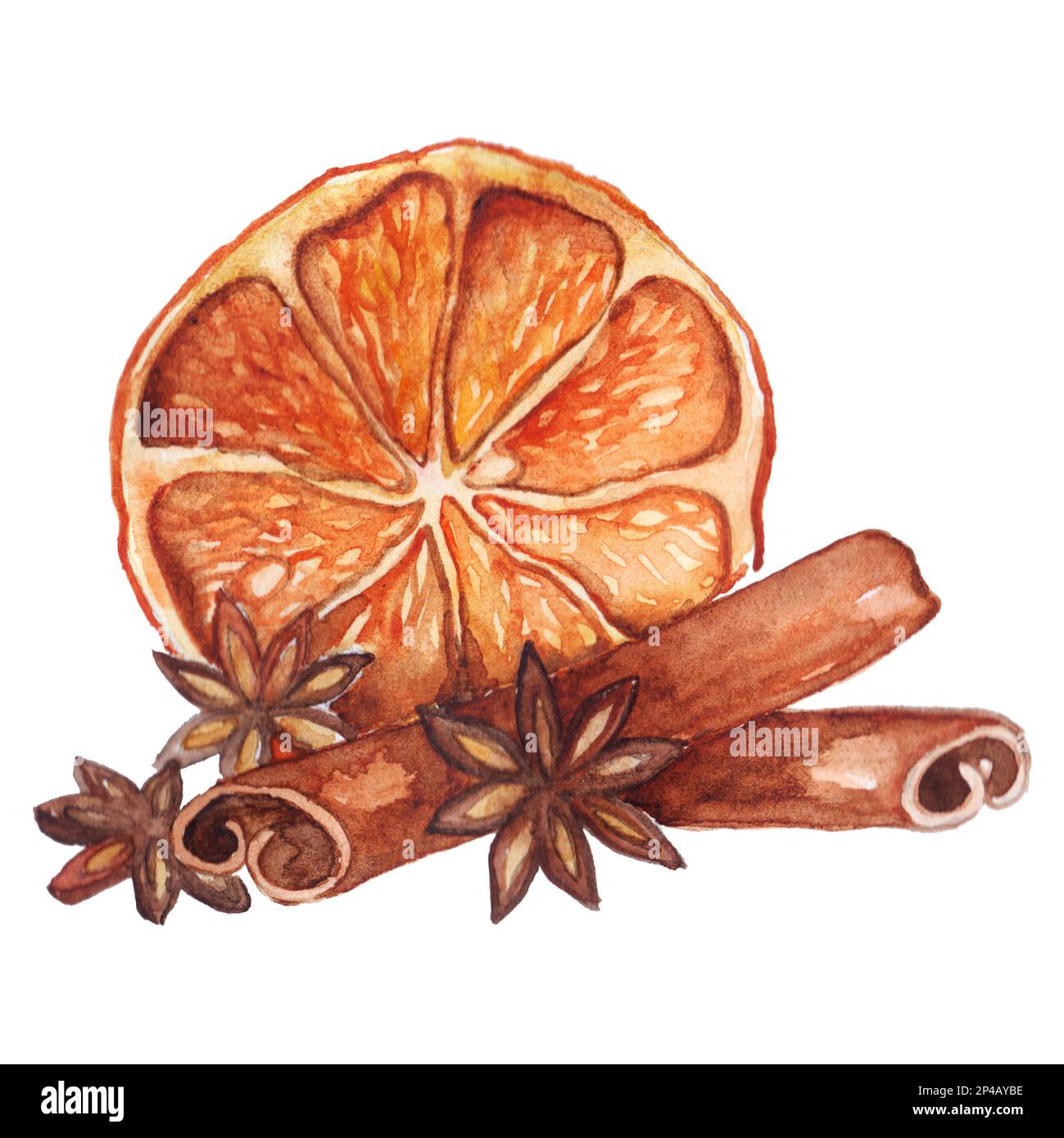 Watercolor lemon citrus anise cinnamon fruit still life isolated art ...