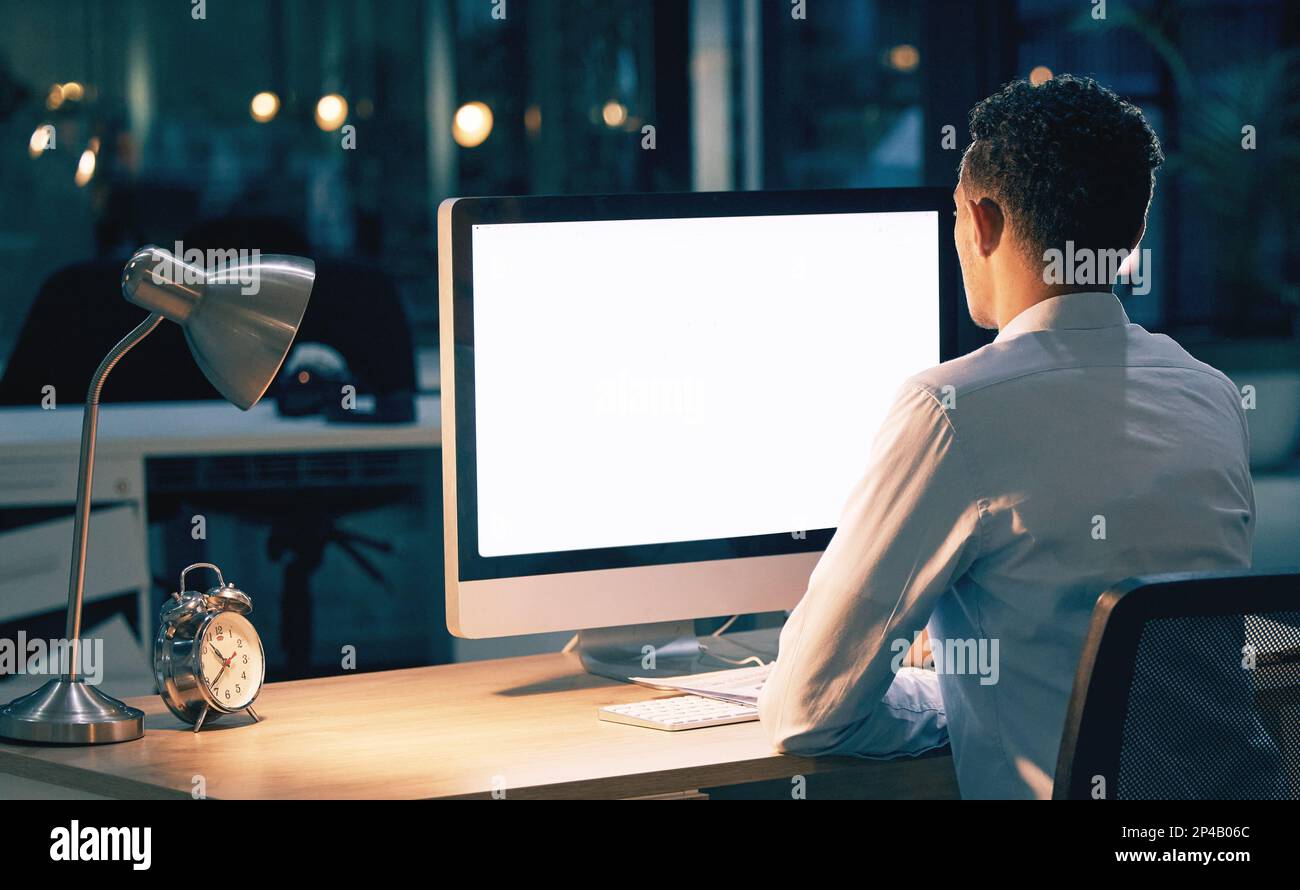 Night business, man and computer mockup for planning, web design and ...