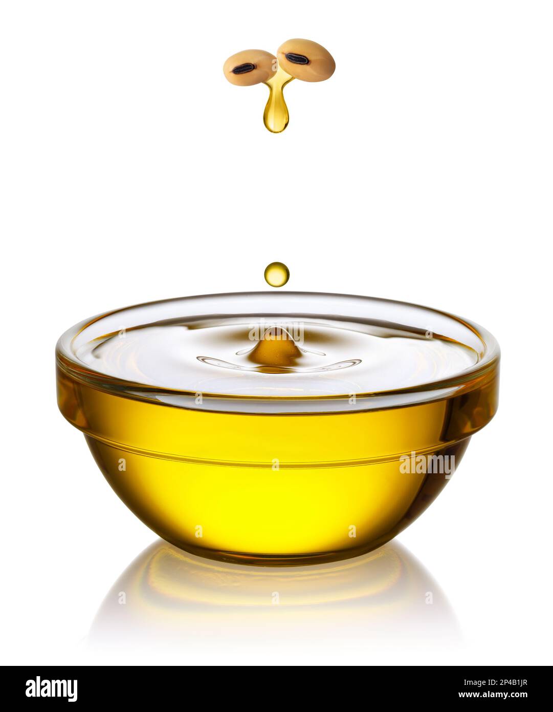 soybean oil dripping from flying beans in glass bowl isolated on white ...
