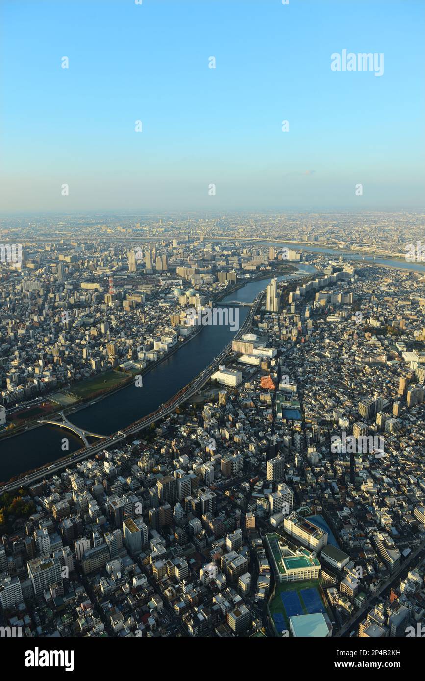 Aerial view of the Sumida river and the Arakawa river in Tokyo, Japan ...