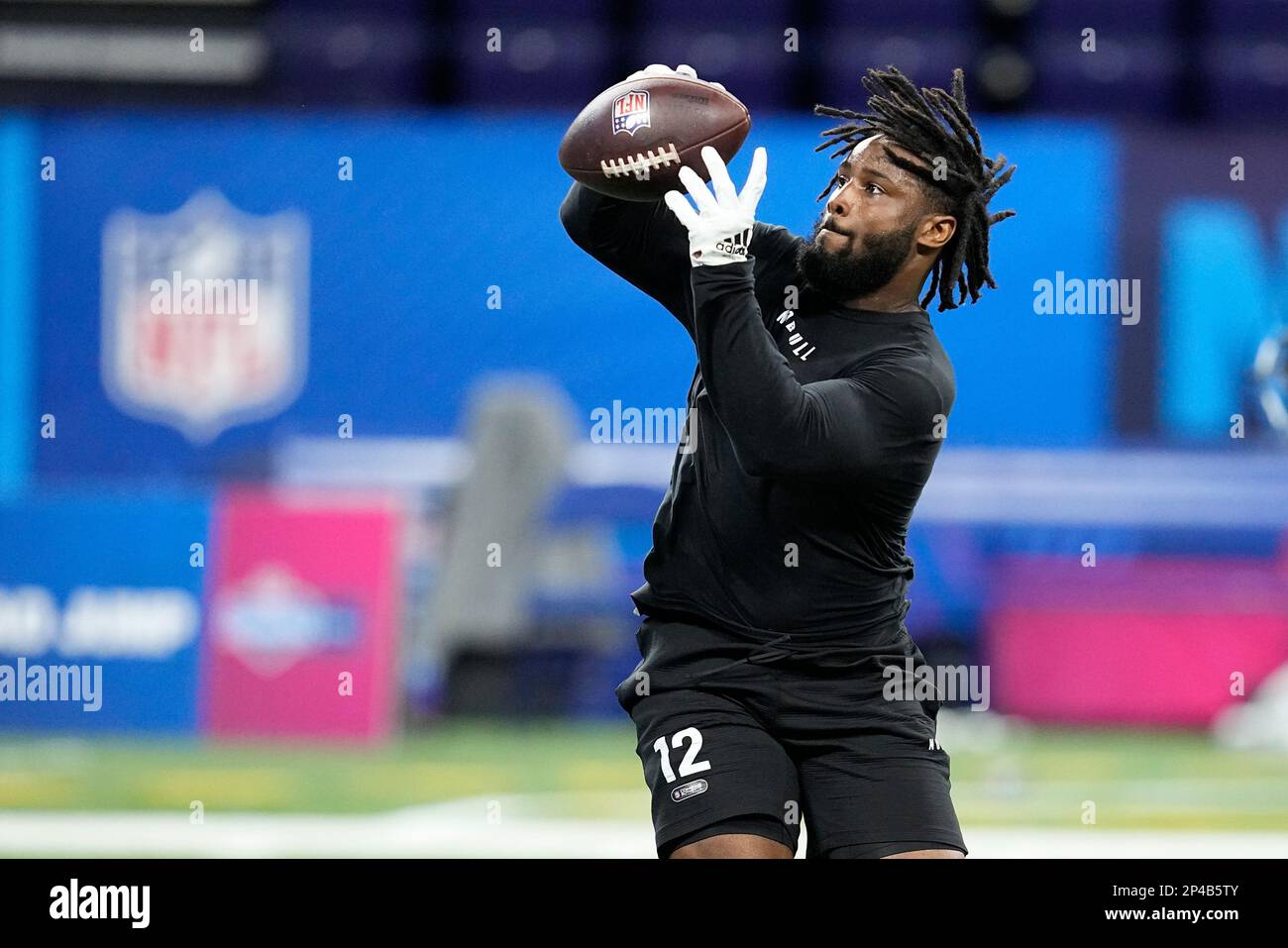 Minnesota running back Mohamed Ibrahim runs a drill at the NFL football ...