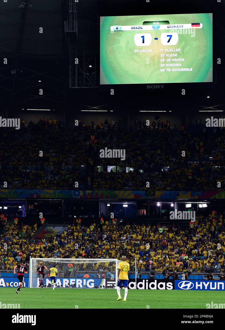 The scoreboard shows the final score at 7-1 during the World Cup ...