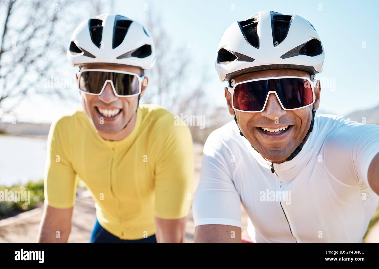 Cycling, fitness and selfie with friends in park for sports, social ...