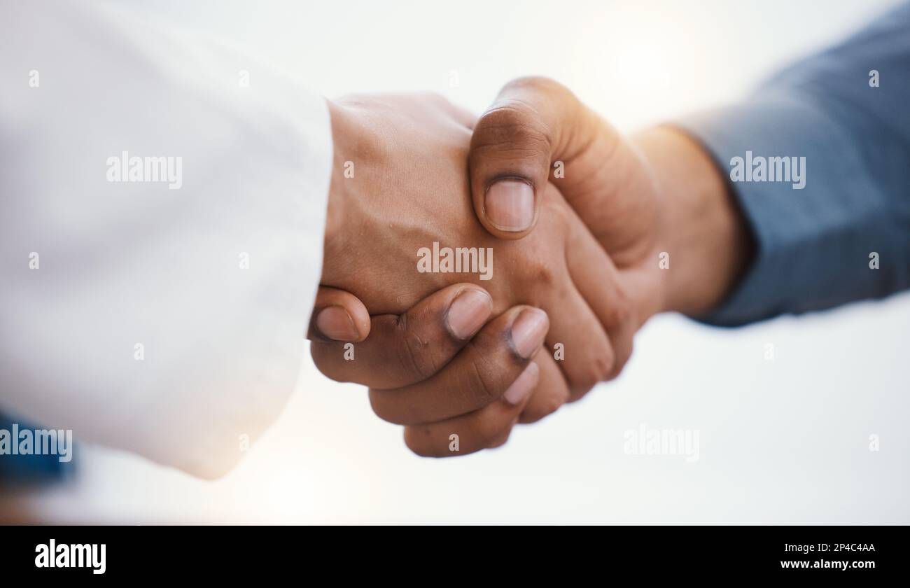 Health, closeup and handshake for partnership, motivation and success ...