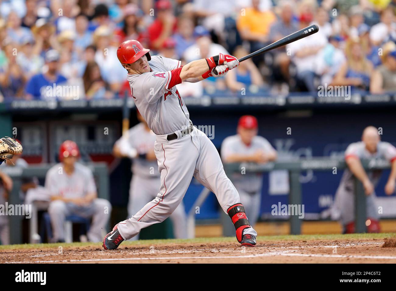 Los Angeles Angels Collin Cowgill swings at a pitch as he bats against ...