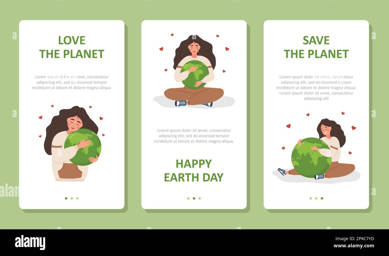 Earth day illustrations. Set of vector posters. Cute girl holding ...