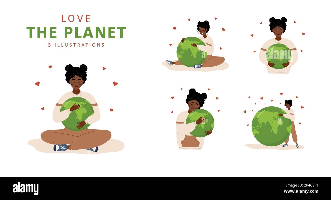 Love the planet. Smiling african woman hugs Earth globe with care and ...