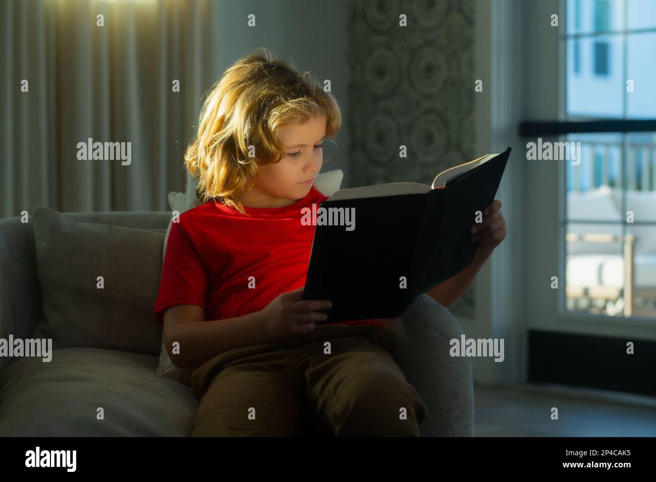 School boy with book. Child reading book at home. Little boy sitting on ...