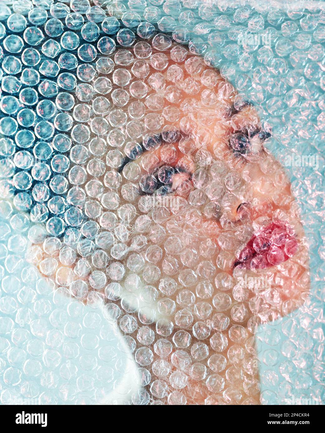 Beauty, bubble wrap and makeup with portrait of black woman for package ...