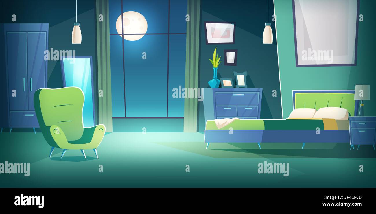 Bedroom interior at night cartoon vector illustration. Comfortable ...