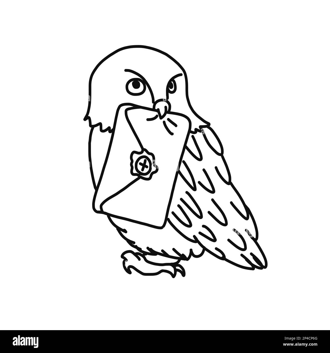 White owl with a letter in outline cartoon doodle style. Hand drawn ...