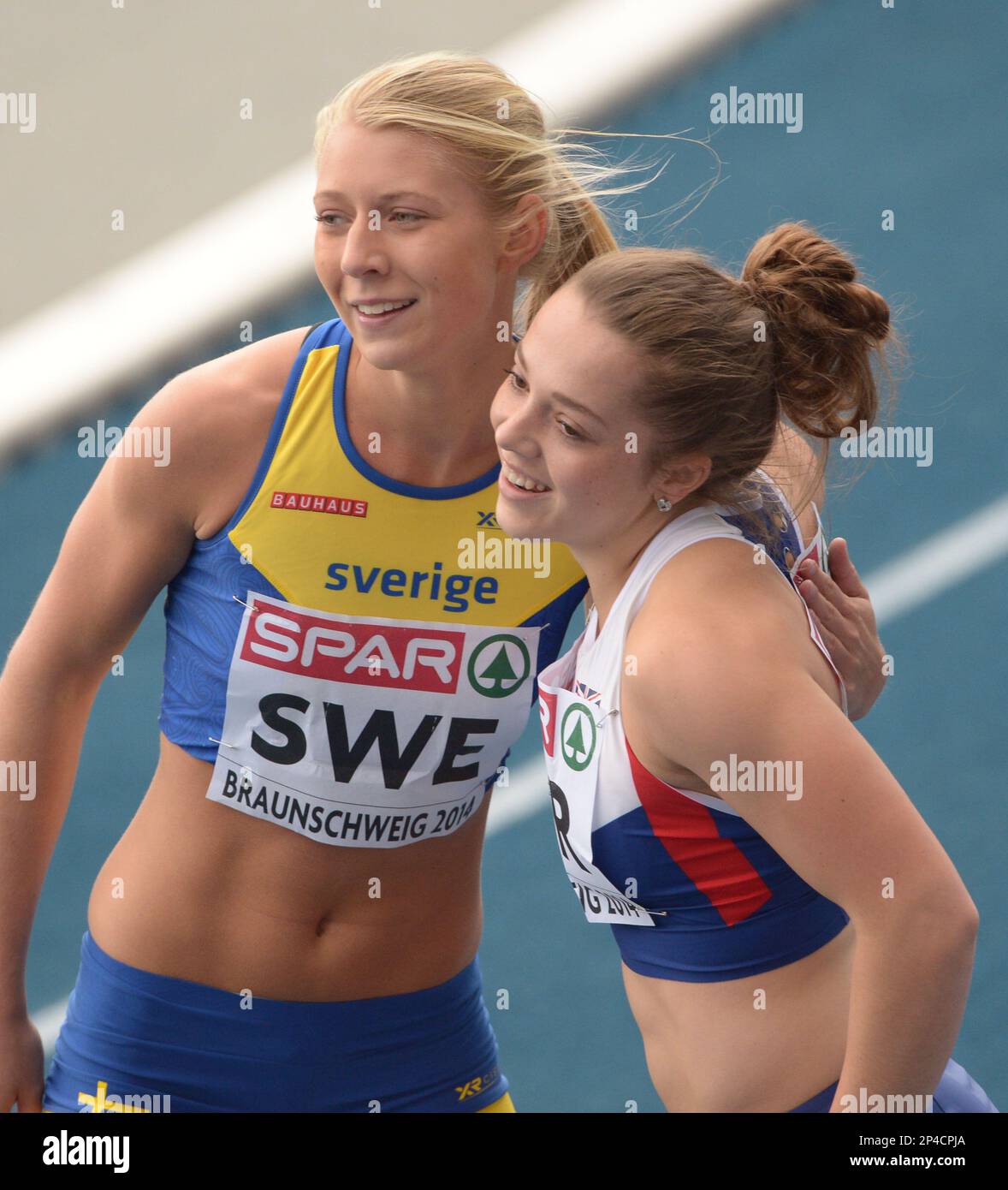 Sweden's Daniella Busk, left, and Britain's Rachel Johncock hug each ...