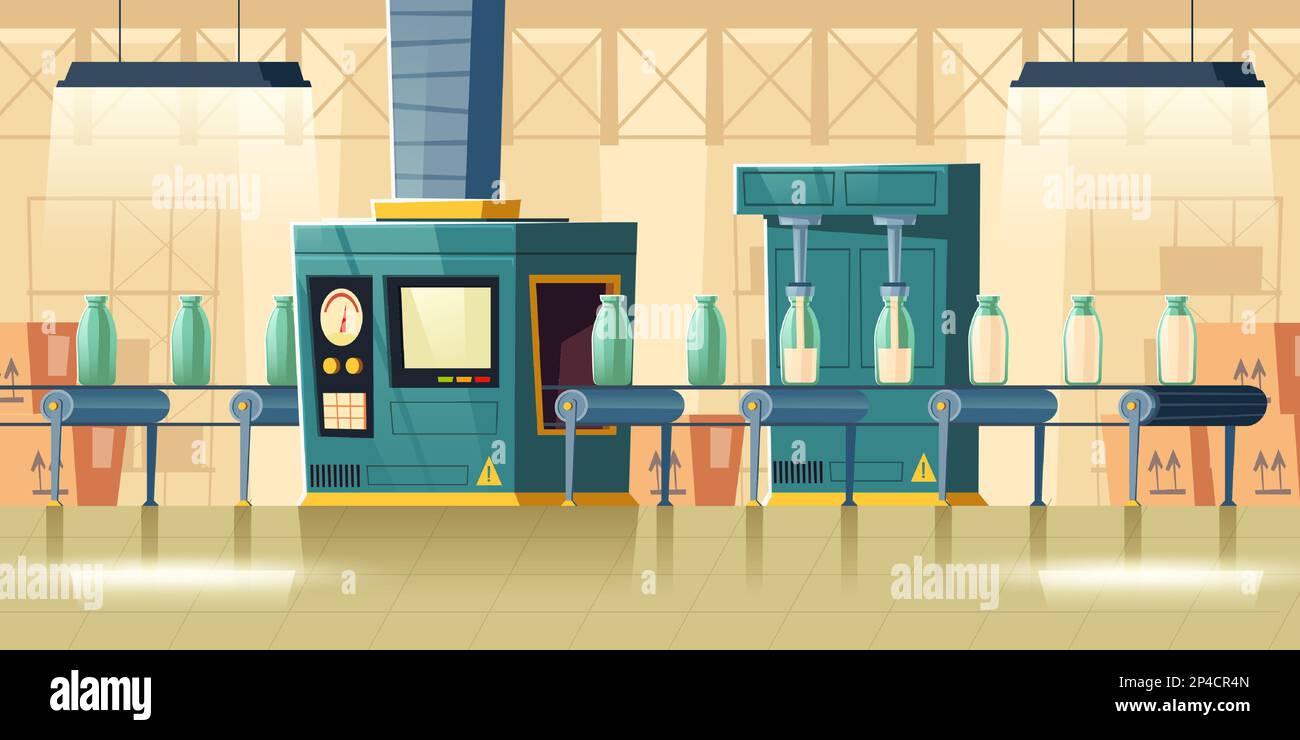 Milk factory interior, glass bottles on conveyor belt, cartoon vector ...