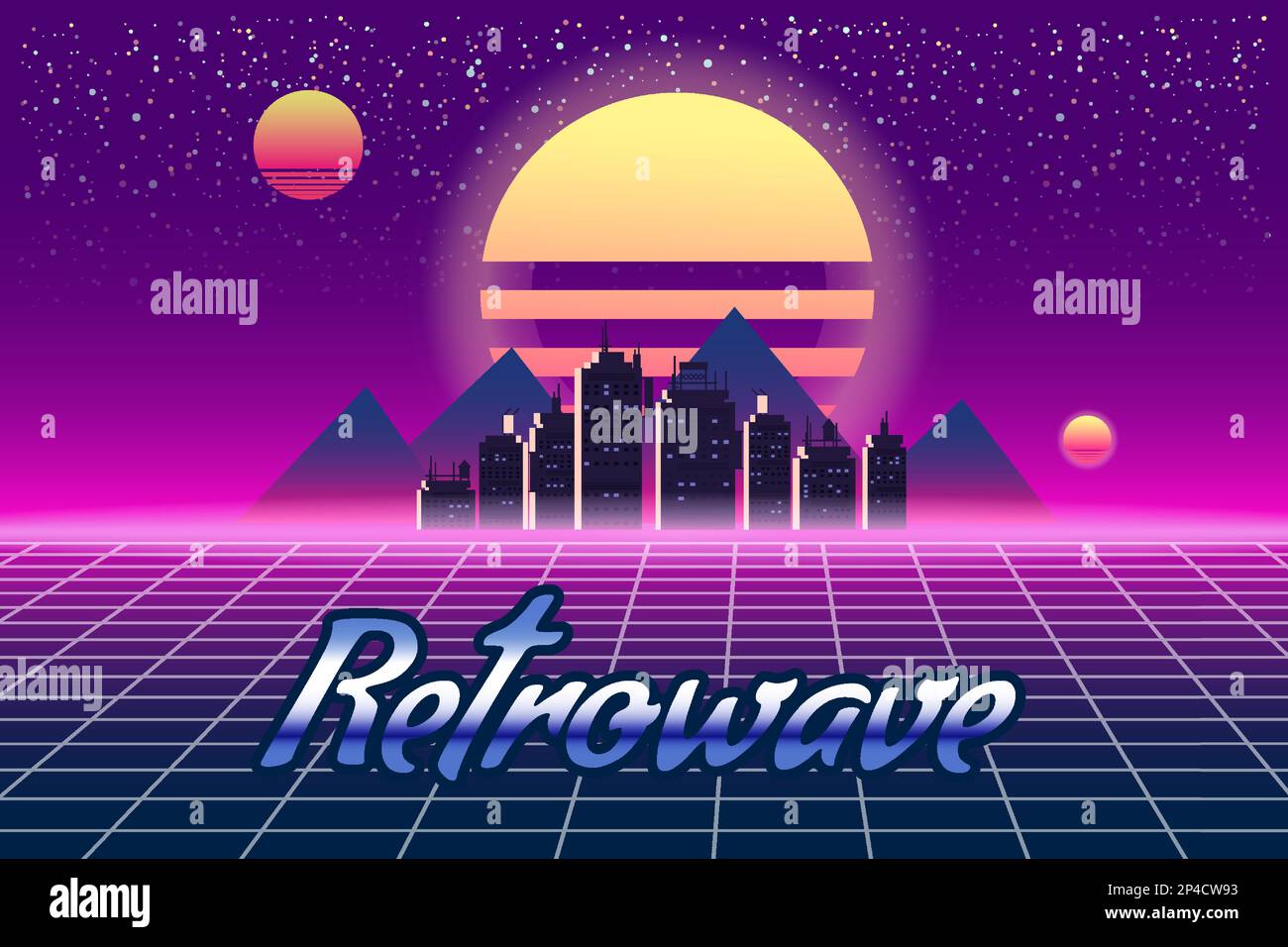 Retrowave banner vaporwave aesthetic background. Futuristic city grid 3d, sunset 80 s Synthwave ...