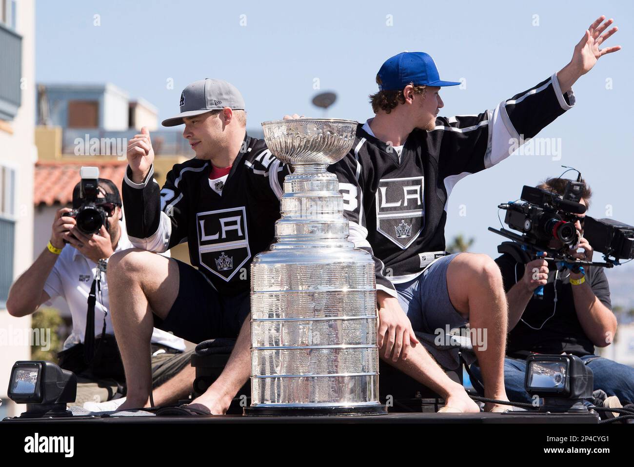 Jonathan Quick, left, and Tyler Toffoli of the Los Angeles Kings hold ...