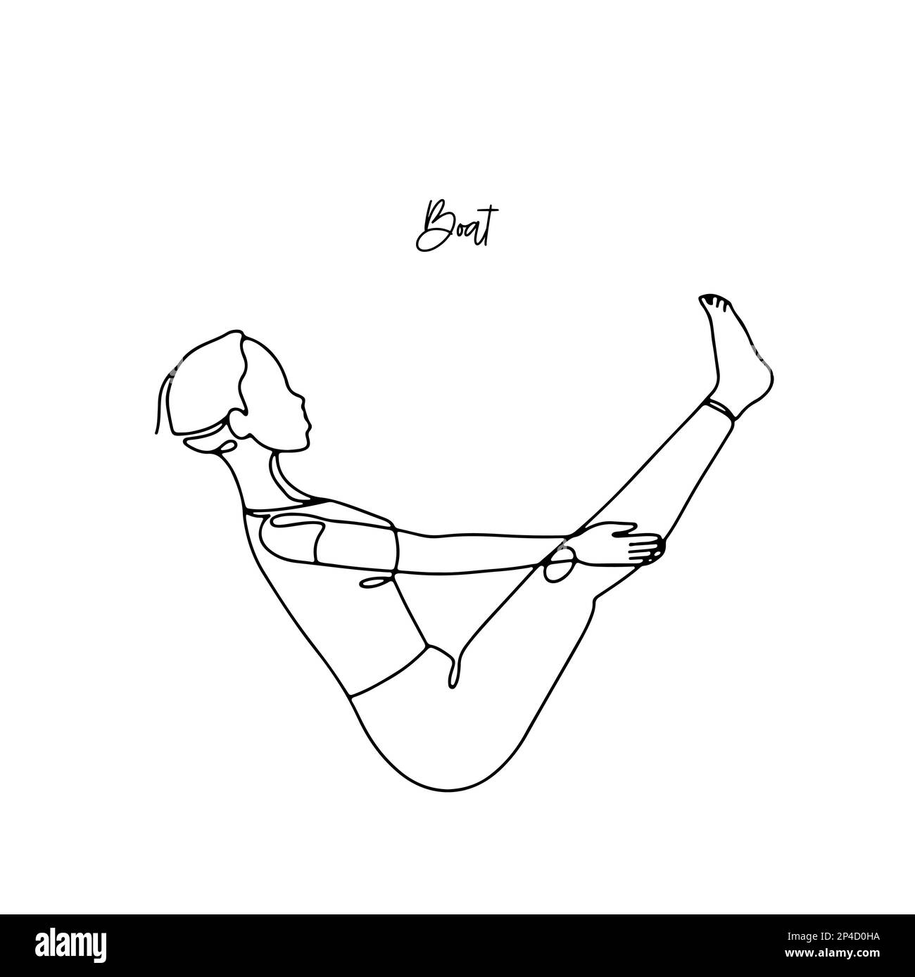 Single line drawing of a girl in boat yoga pose with name text Stock ...