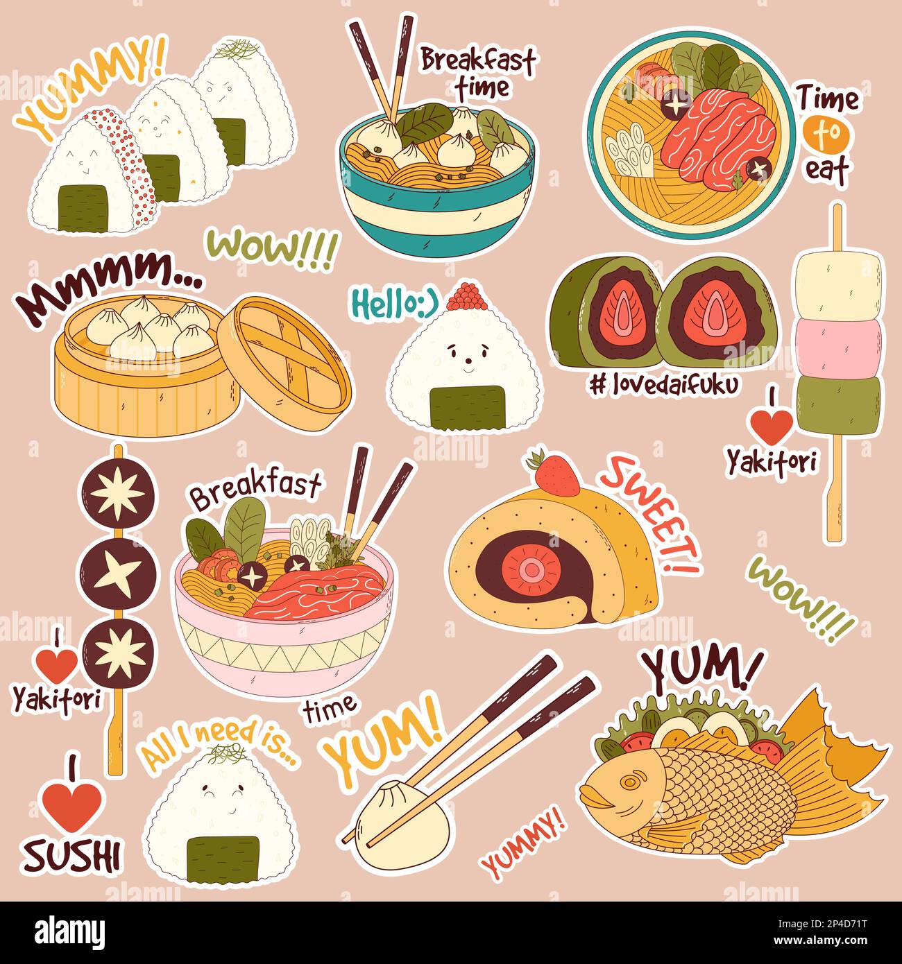 Traditional Japanese food stikers. Asian yakitori skewers, ramen ...