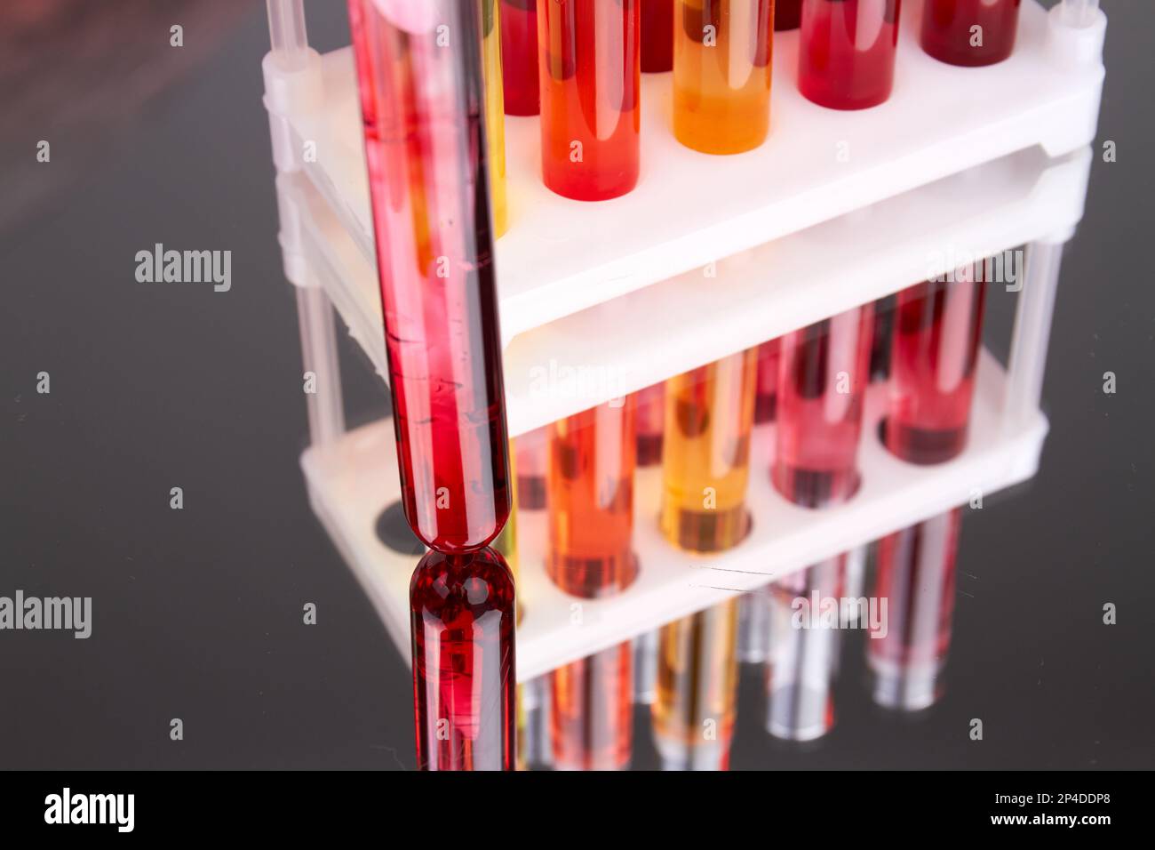 Close up red test tube on reflective surface. Colored laboratory test ...