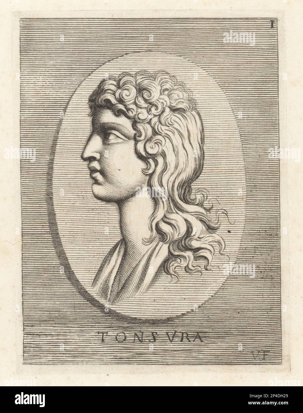 Male head with classical hairstyle or tonsure. Greek mullet style known ...
