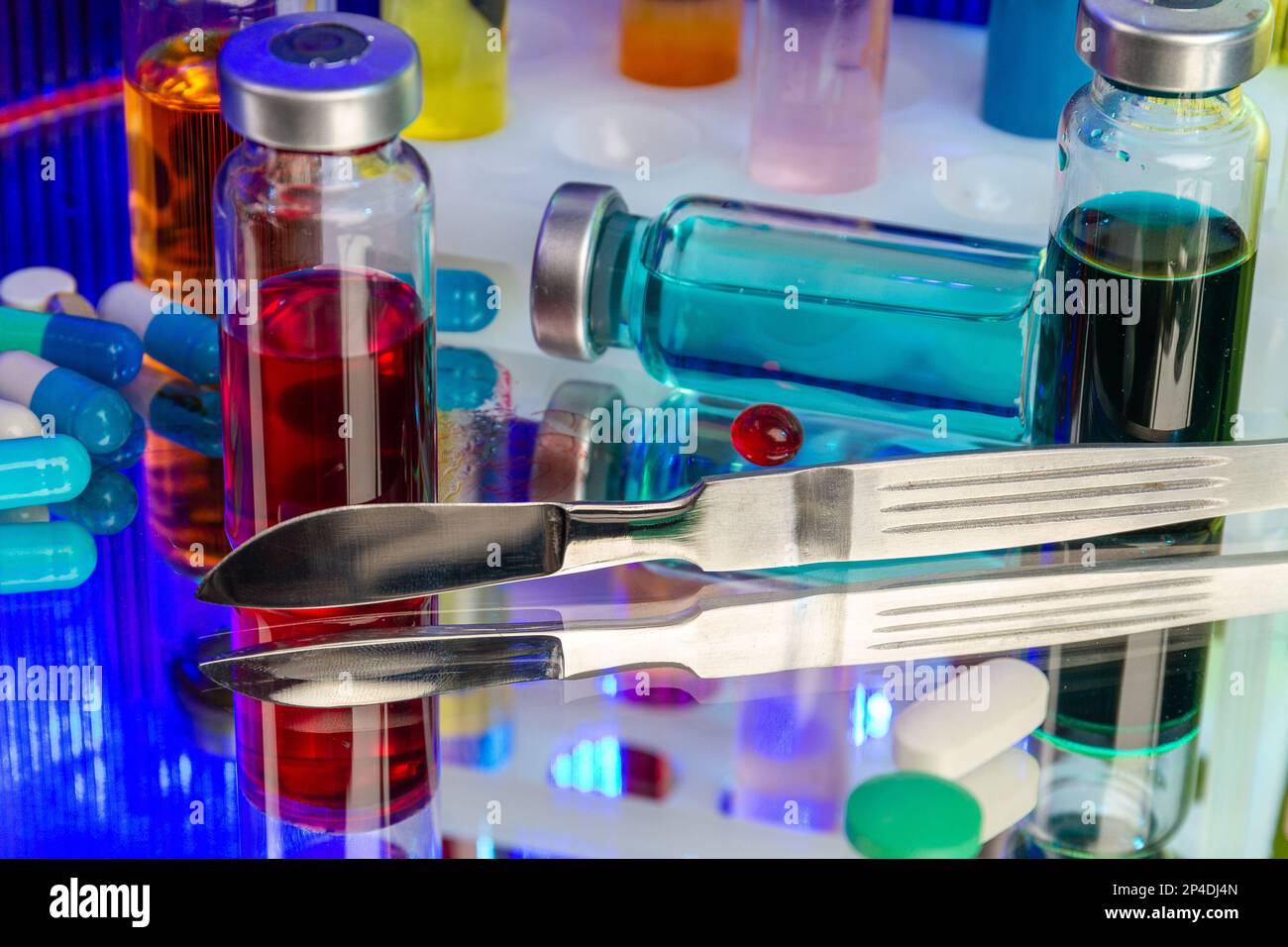 Close up lab bottles with colored solution. Lab medicine reserarch ...
