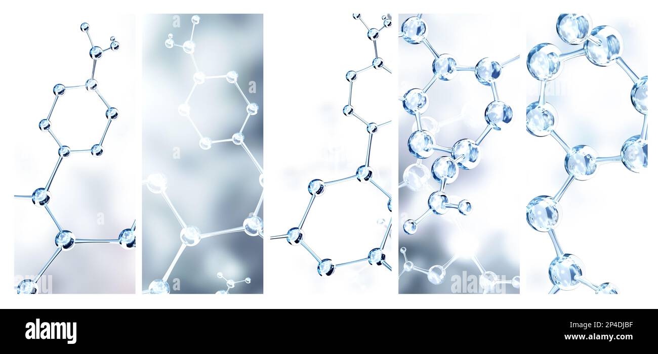 Set of vertical banners with models of abstract molecular structure ...