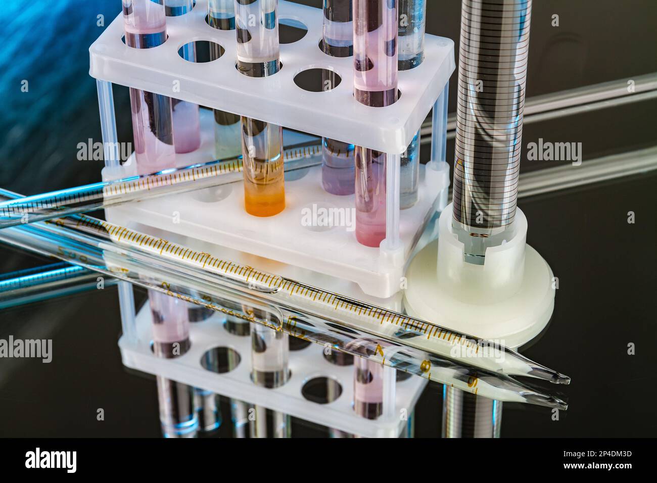 Stand with test tubes and pipette for lab research. Science medical ...