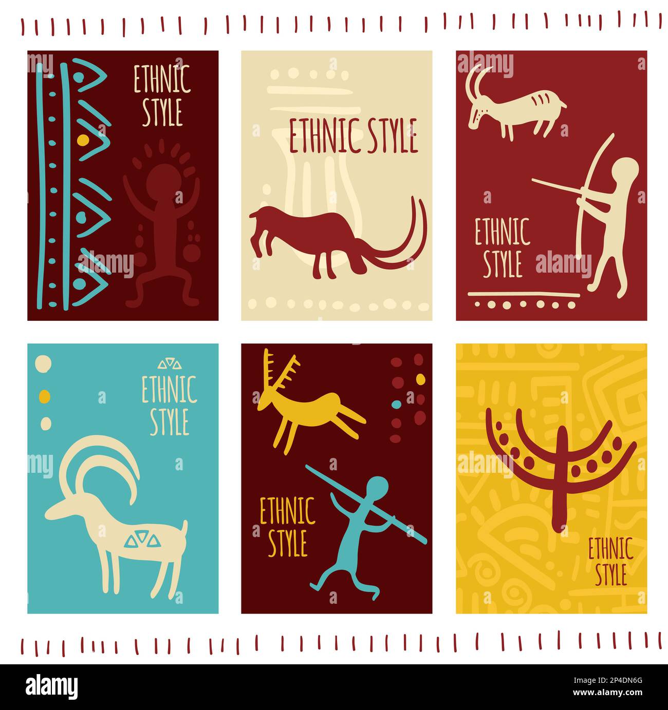 Set of vertical gift tag, badge, sticker with prehistoric rock painting ...