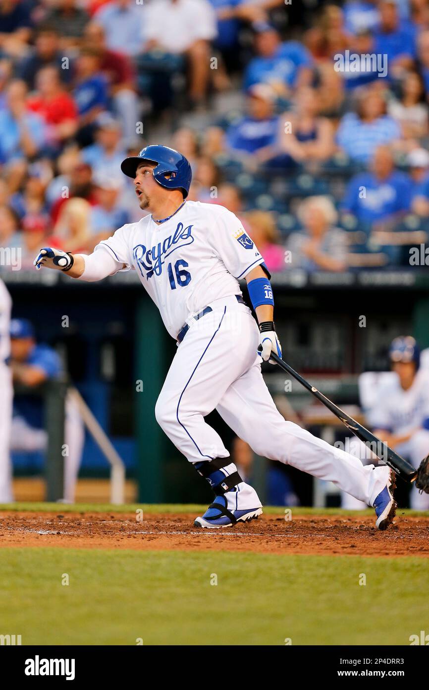 Kansas City Royals Billy Butler watches a hit as he bats during a MLB ...