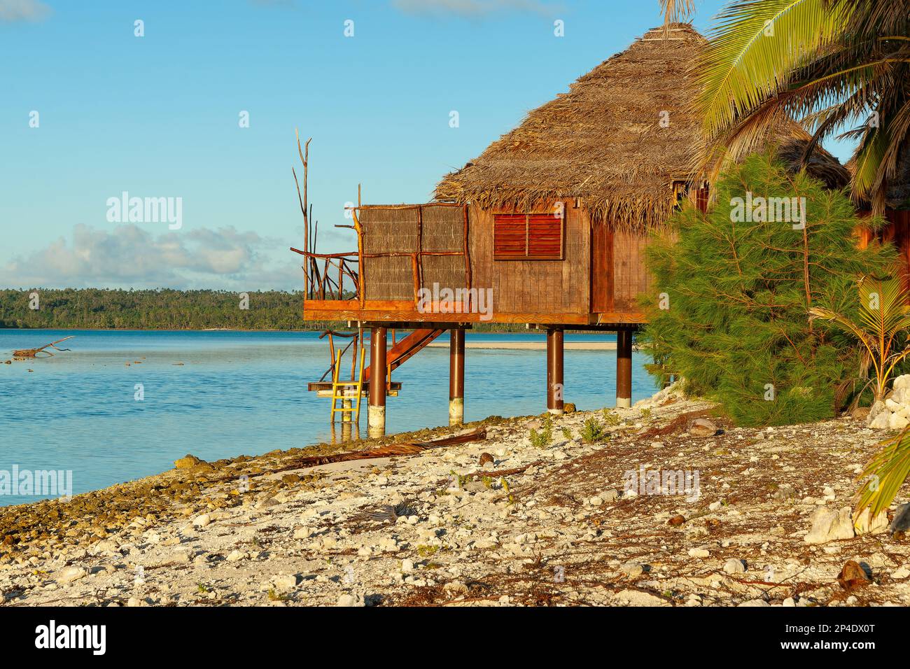 Idyllic rustic chalet with palm frond thatched roof on waters edge on ...