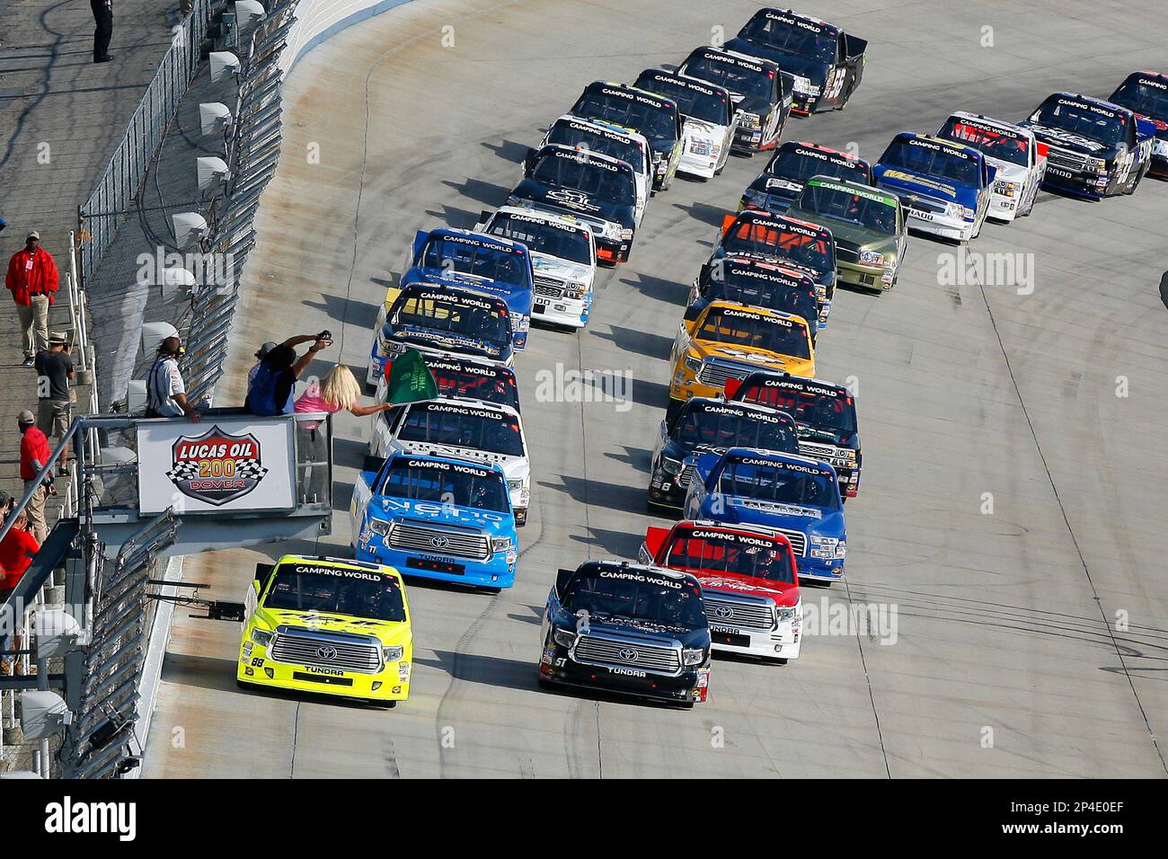Kyle Busch (51) and Matt Crafton (88) green flag start during the NASCAR Truck Series Lucas Oil ...
