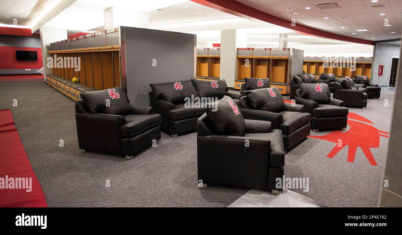 The Washington State football locker room is seen during a media tour ...