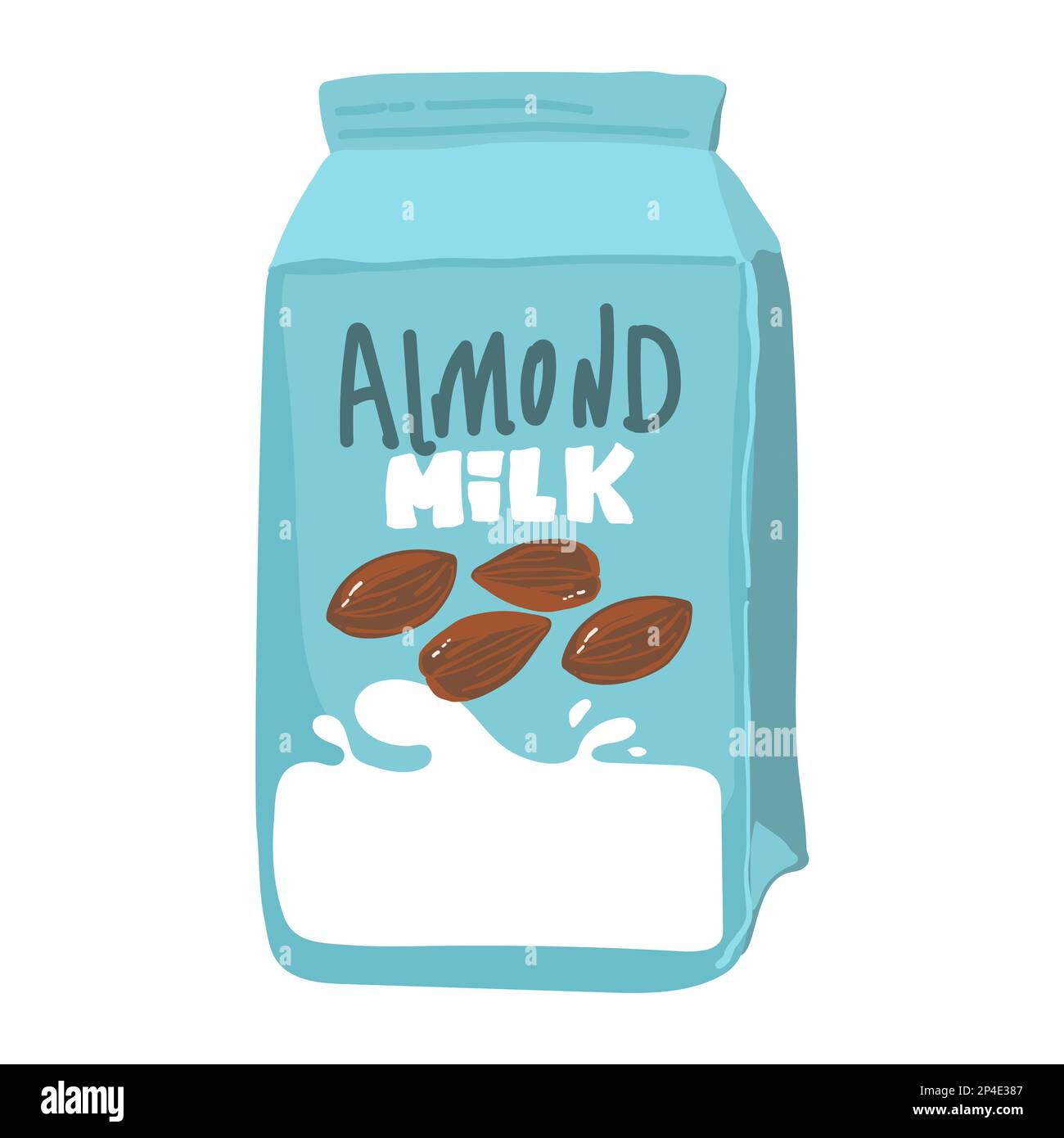 Isolated almond milk in paper package with liquid splash and nuts ...