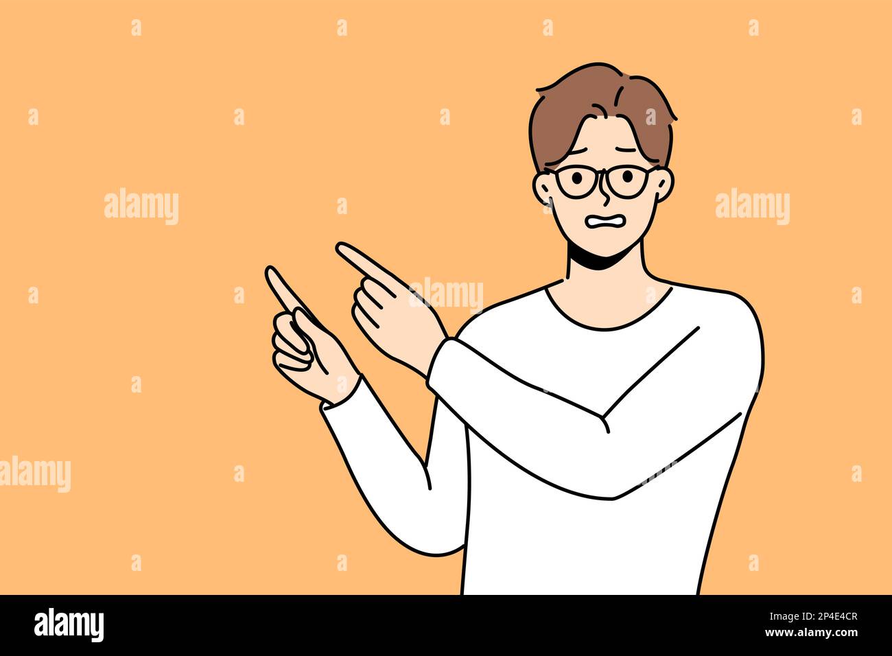 Frustrated man point with finger at empty advertising space. Confused ...