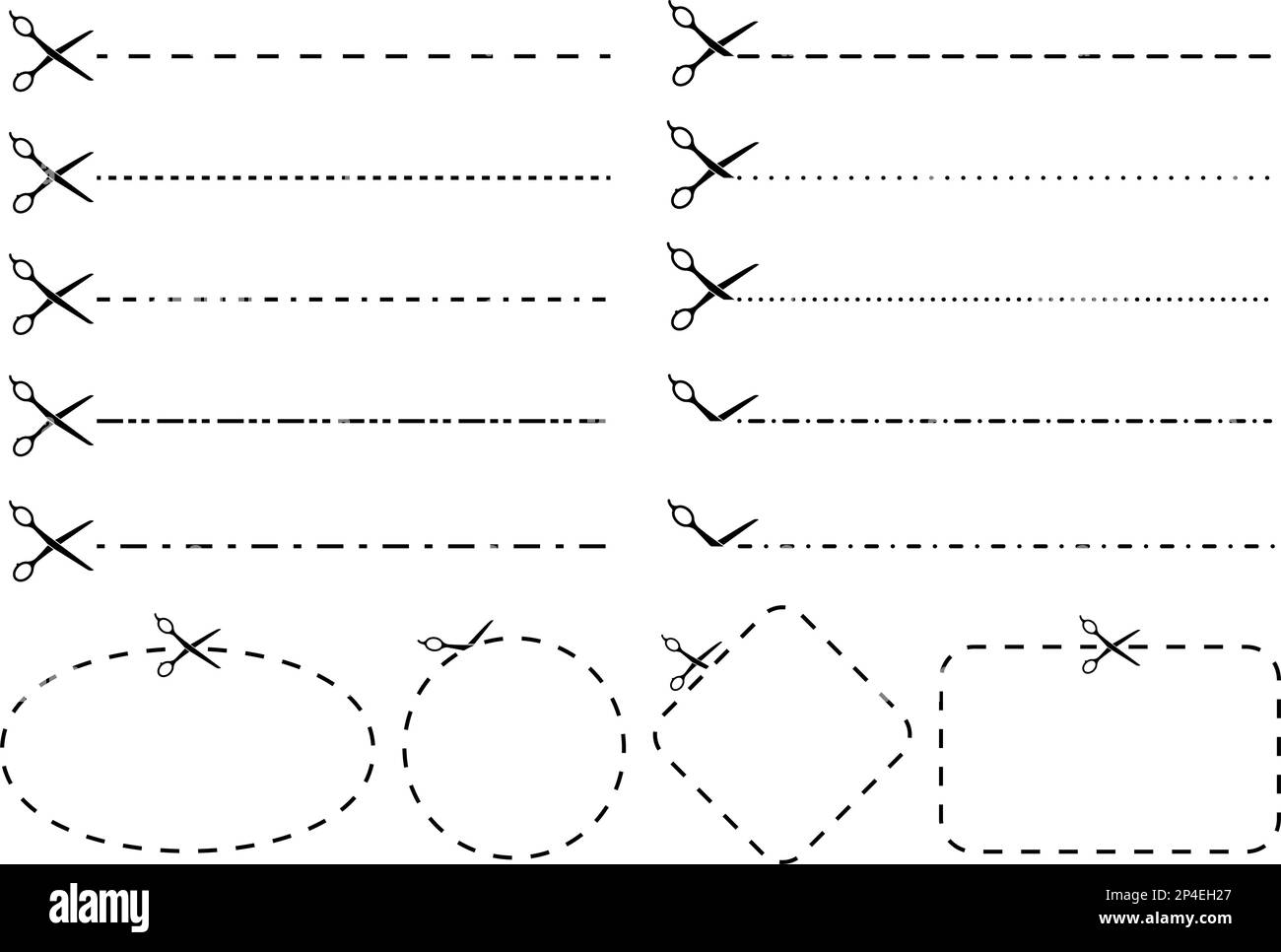 Scissors cut line. Voucher or coupon cutout dashed lines with scissor icon and frames for ...