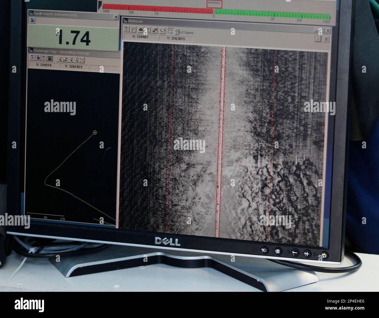 This photo taken May 15, 2014, shows a black and white side scan sonar ...