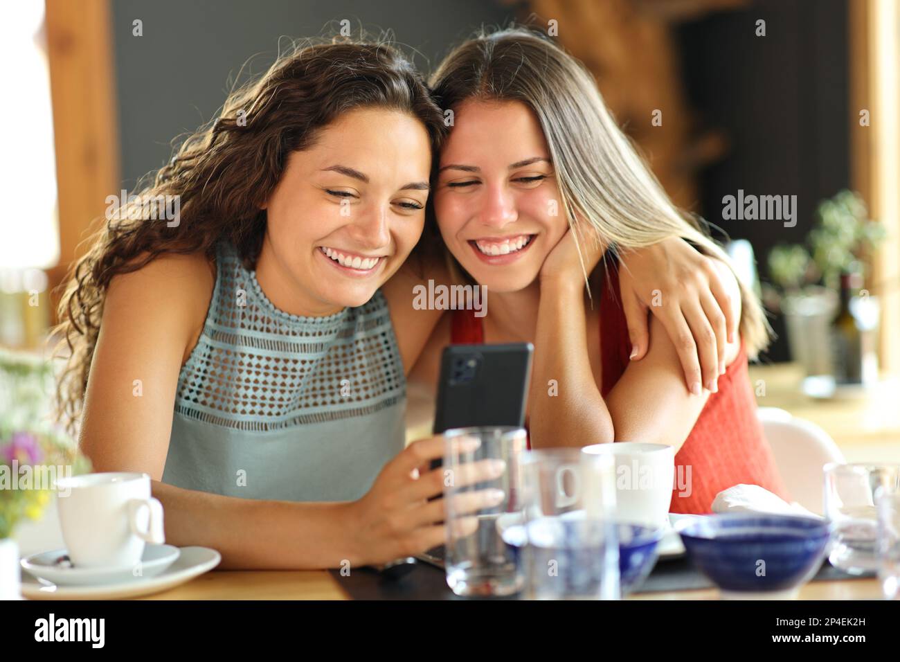Two happy friends checking cell phone content together in a restaurant ...