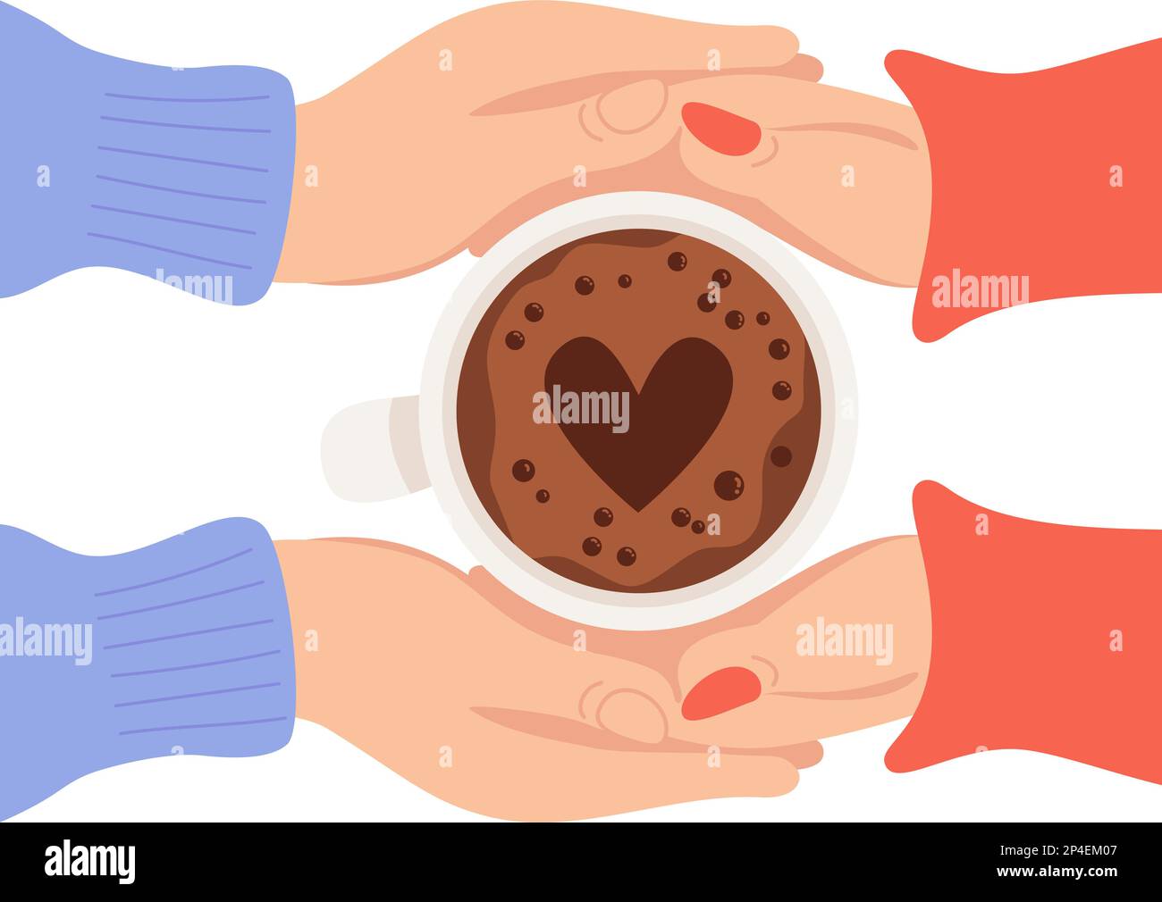 Romance love. Male and female hands holding cup of coffee with foam and ...