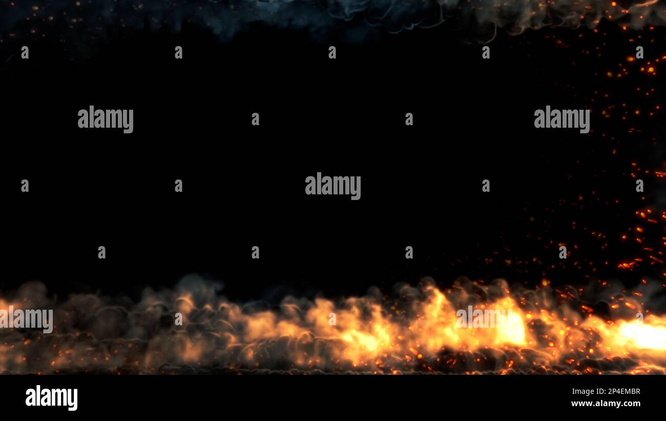 Square screen frame of blazing smoke with fire and sparks - abstract 3D ...