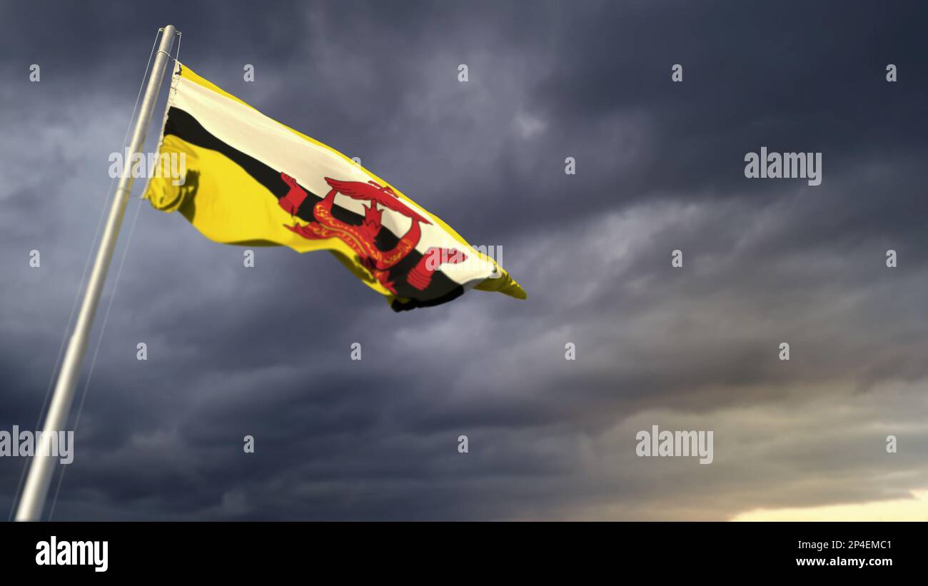 cute Brunei Darussalam flag on massive dark clouds bg - abstract 3D ...