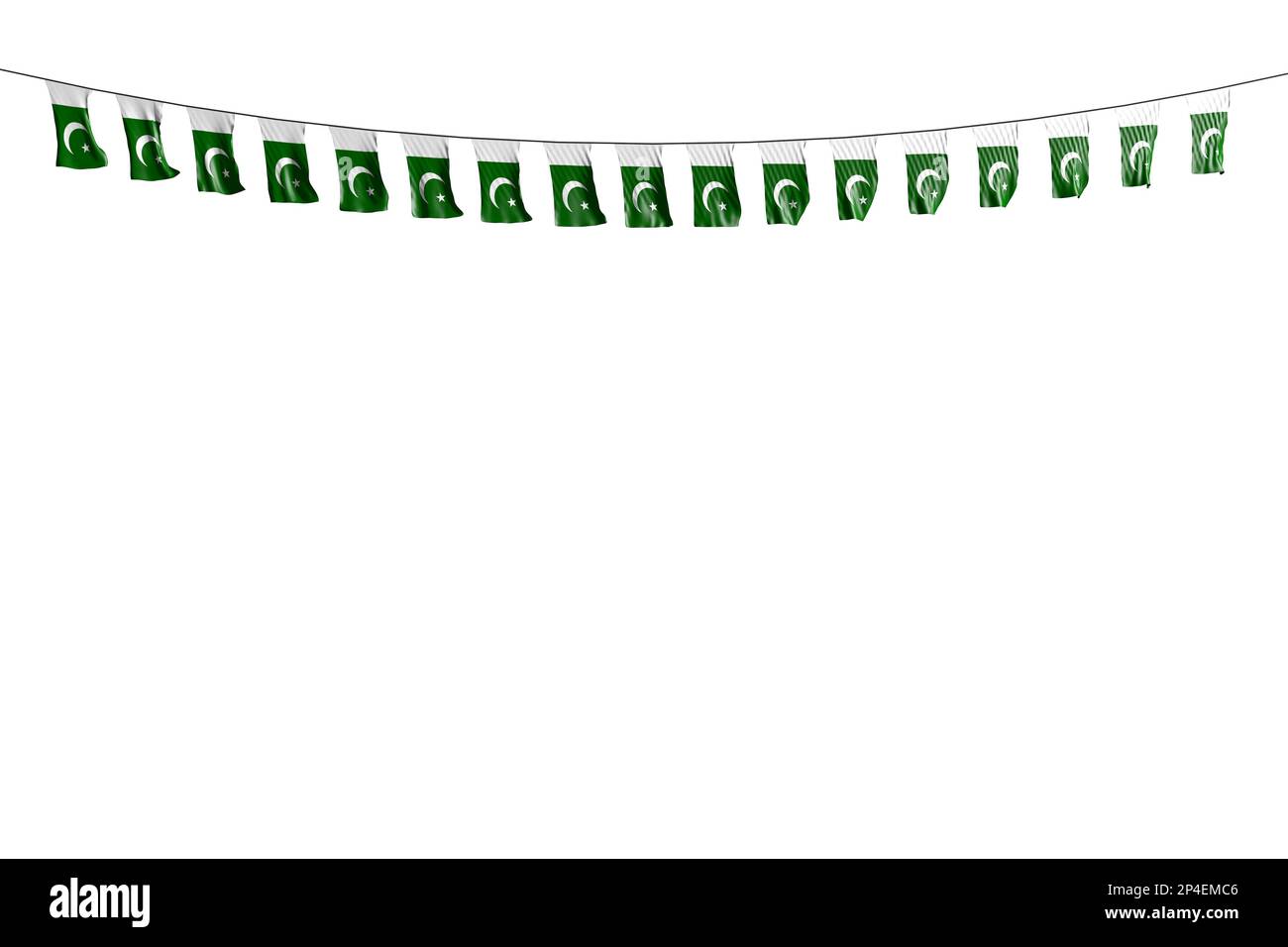 nice many Pakistan flags or banners hanging on string isolated on white ...