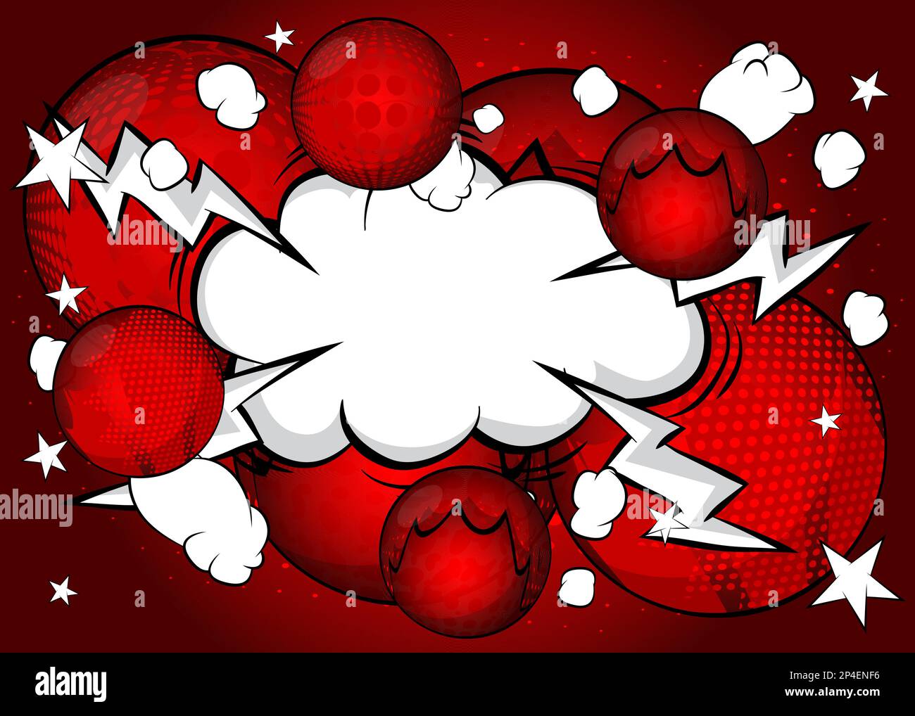 Red and white comic book poster with spheres. Comics Presentation with ...