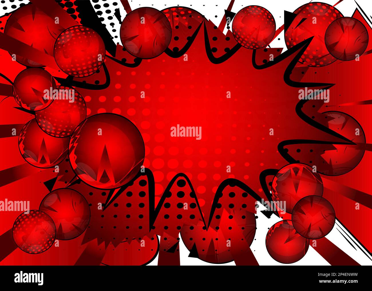 Red and white comic book poster with spheres. Comics Presentation with ...