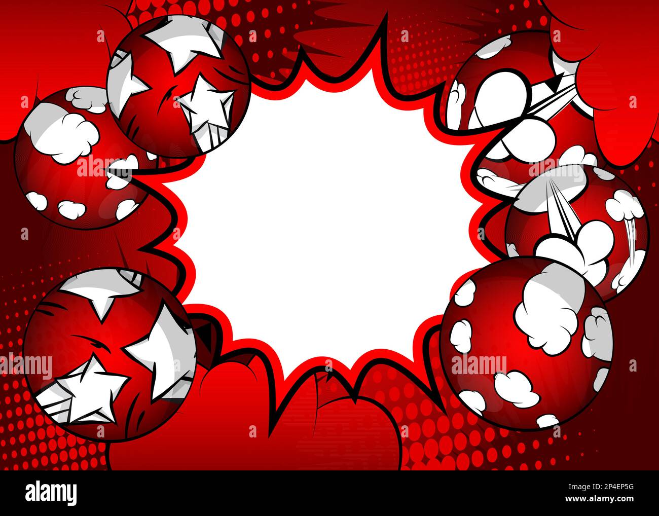 Red and white comic book poster with spheres. Comics Presentation with ...