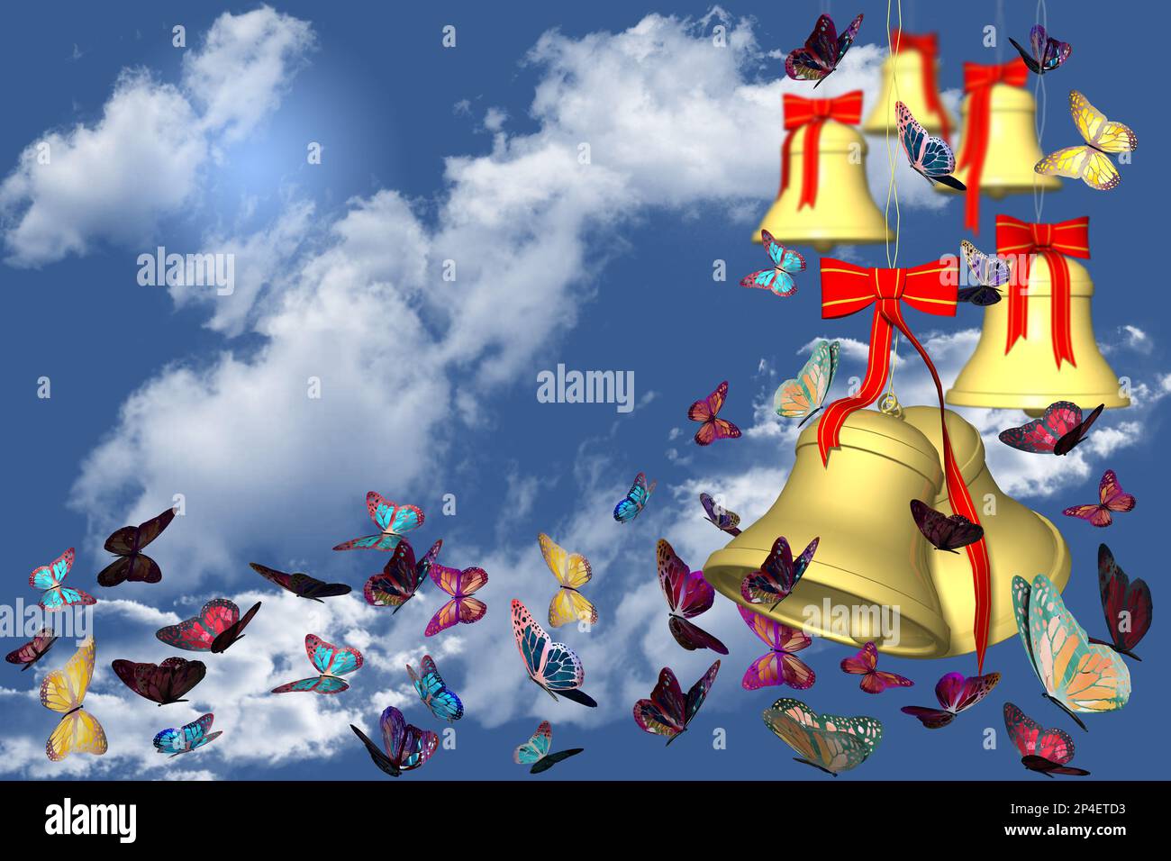 On the occasion of Easter, golden bells and spring butterflies with a ...